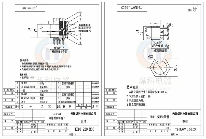 JZ10-220-M36隔爆型穿墙端子-JZ隔爆穿墙端子(含同轴线)-无锡煤科电器有限公司-无锡煤科电器有限公司